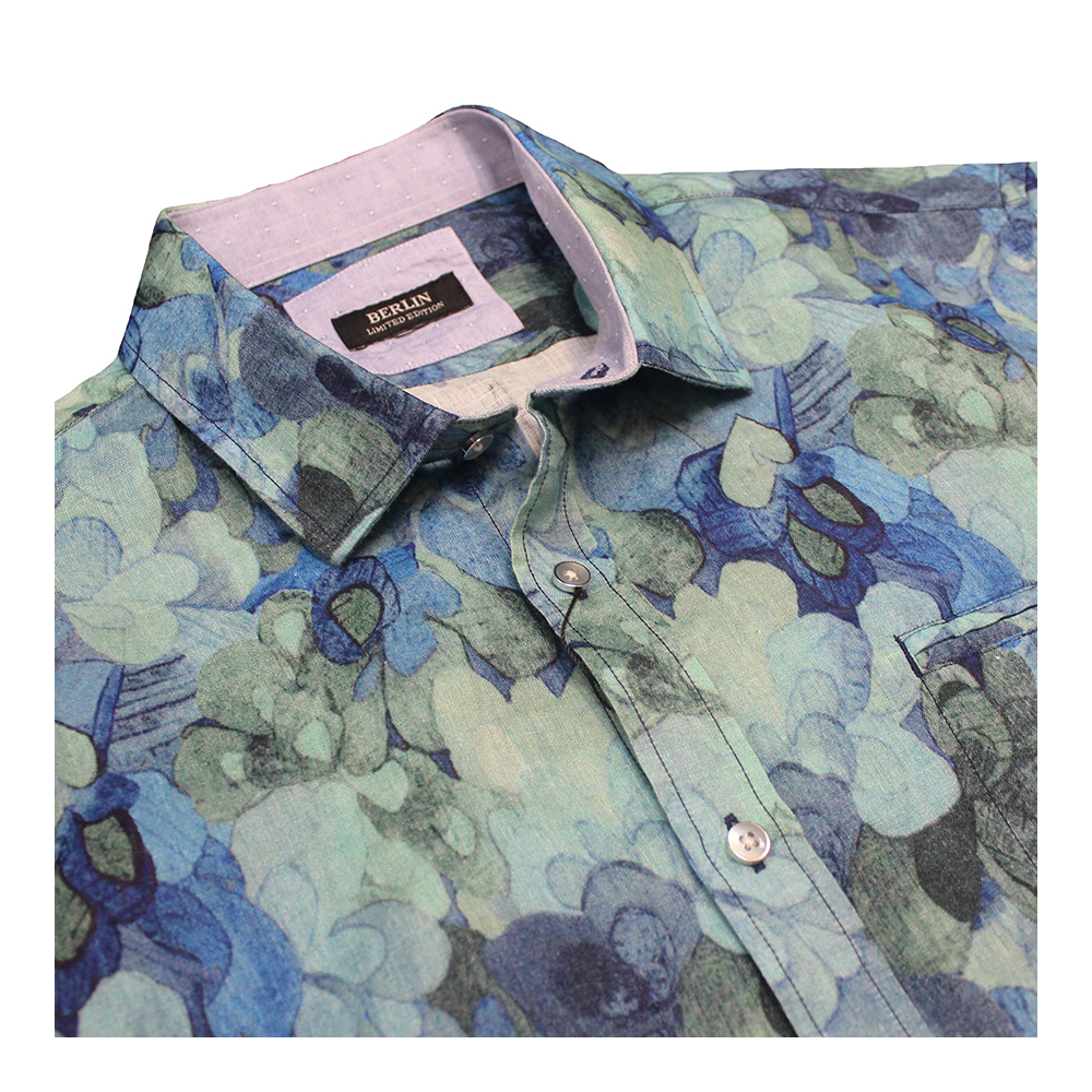 Berlin Linen Clover Print SS Shirt Blue Green | Big Men’s NZ | Beggs